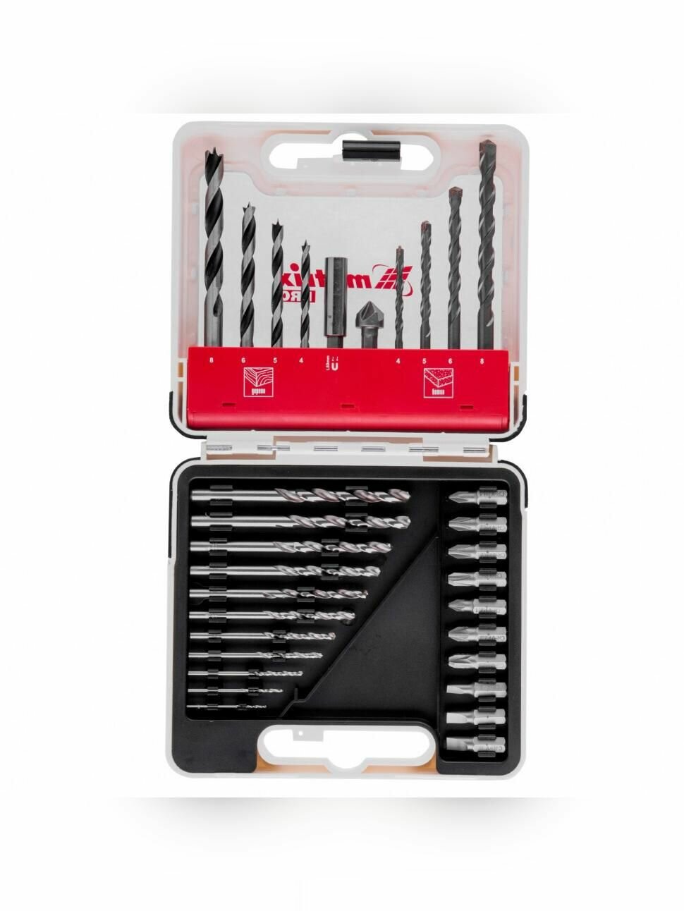 Набор сверл комбинированный, сверла по металлу 1-6 мм, бетону 4-8 мм, дереву 4-8 мм, биты 10 шт, адаптер, зенковка, 31 предмет Pro Matrix