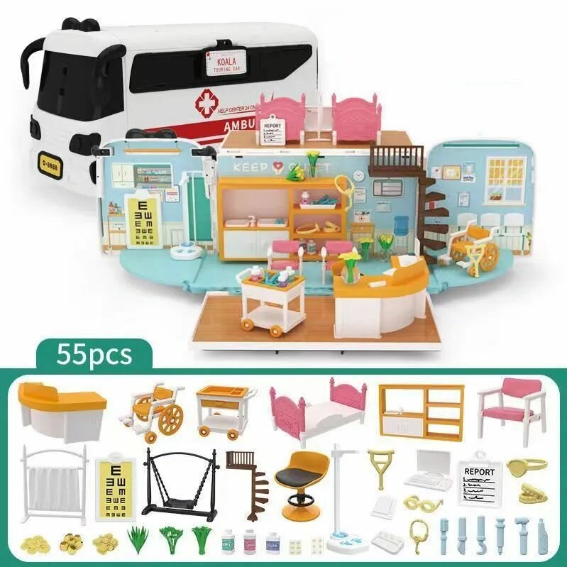 Детская кукла скорой помощи своими руками/Кукольный домик с мебелью и фигурками животных, детский игровой набор больница, автобус игрушка трансформер