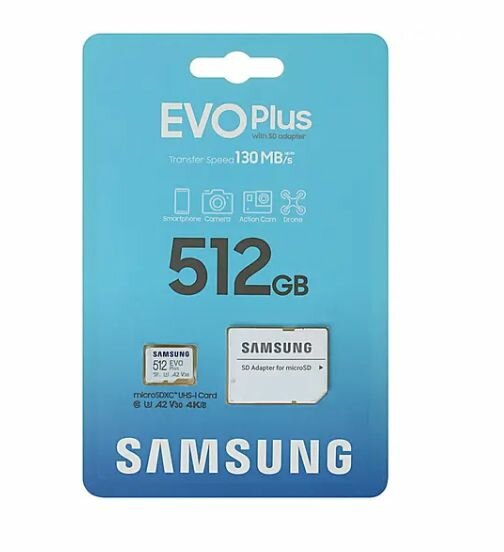 Карта памяти Samsung EVO Plus microSDXC 512 ГБ (MB-MC512KA/RU) - A2, UHS Class 1, Video Class 30, запись - 130 Мбайт/сек, чтение - 130 Мбайт/сек