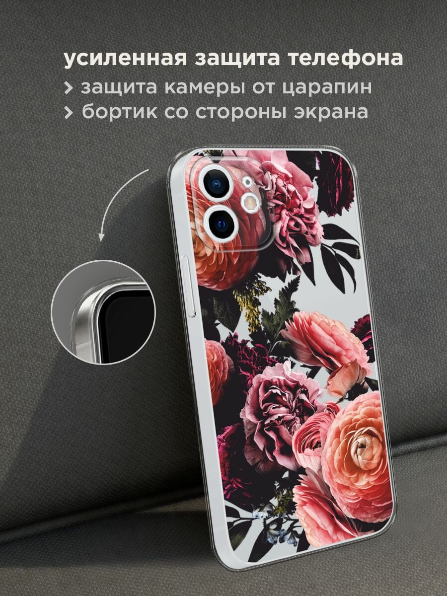 Чехол на Apple iPhone 12 mini / Айфон 12 Мини с принтом "Бордовые винтажные цветы", прозрачный — фото 1