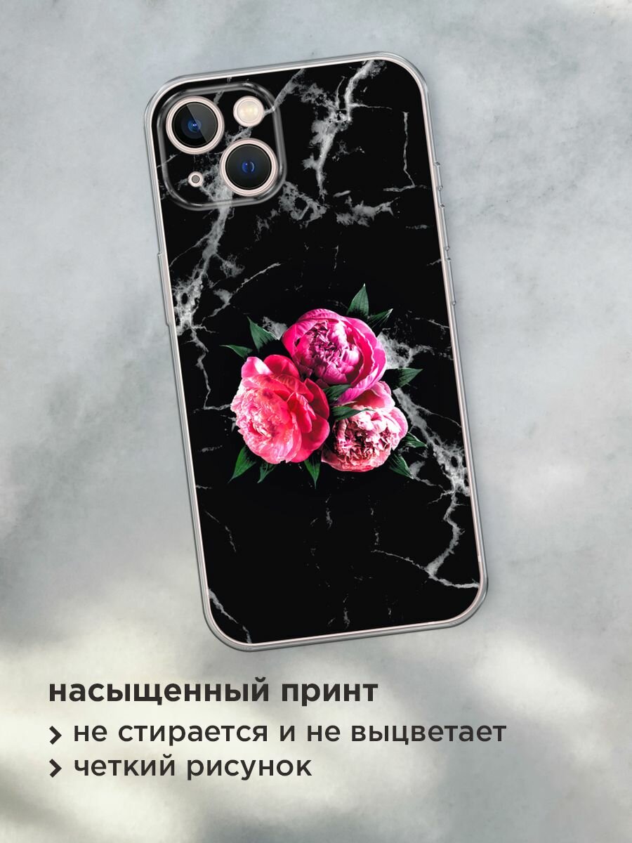 Чехол на Apple iPhone 13 / Айфон 13 с принтом "Букет на черном мраморе" — фото 1
