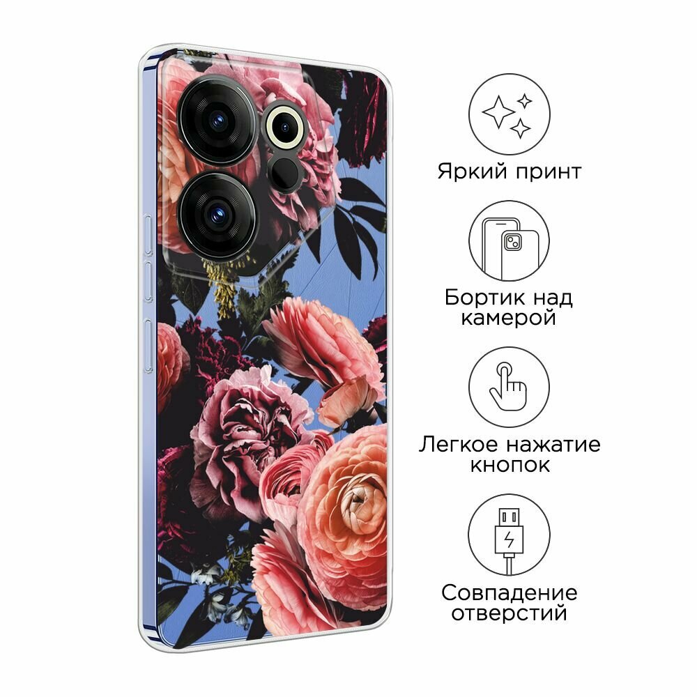 Чехол на Tecno Camon 20 Premier / Текно Камон 20 Премьер с принтом "Бордовые винтажные цветы", прозрачный — фото 1