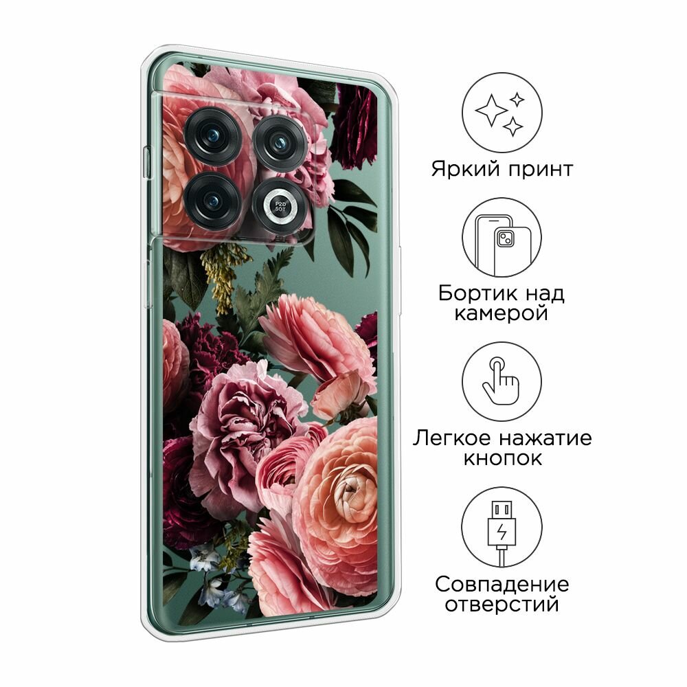 Чехол на OnePlus 10 Pro / ВанПлас 10 Про с принтом "Бордовые винтажные цветы", прозрачный — фото 1