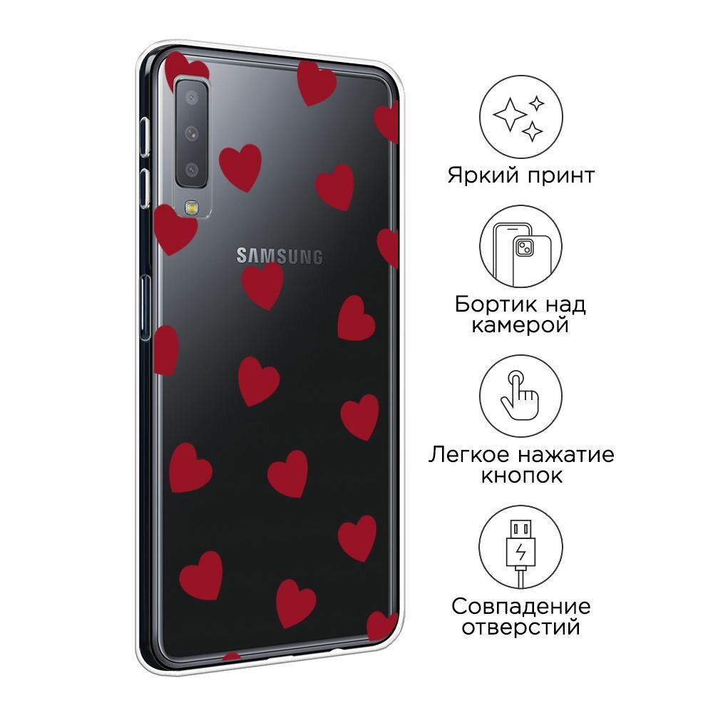 Чехол на Samsung Galaxy A7 2018 / Самсунг Галакси А7 2018 с принтом "Бордовые сердечки паттерн - 14 февраля", прозрачный — фото 1