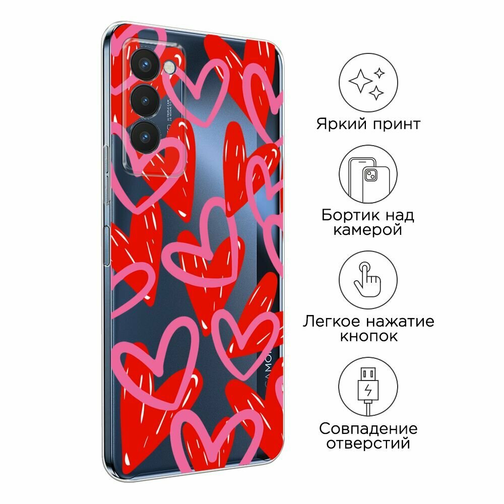 Чехол на Tecno Camon 18P / Техно Камон 18Р с принтом "Hearts doodles - 14 февраля", прозрачный — фото 1
