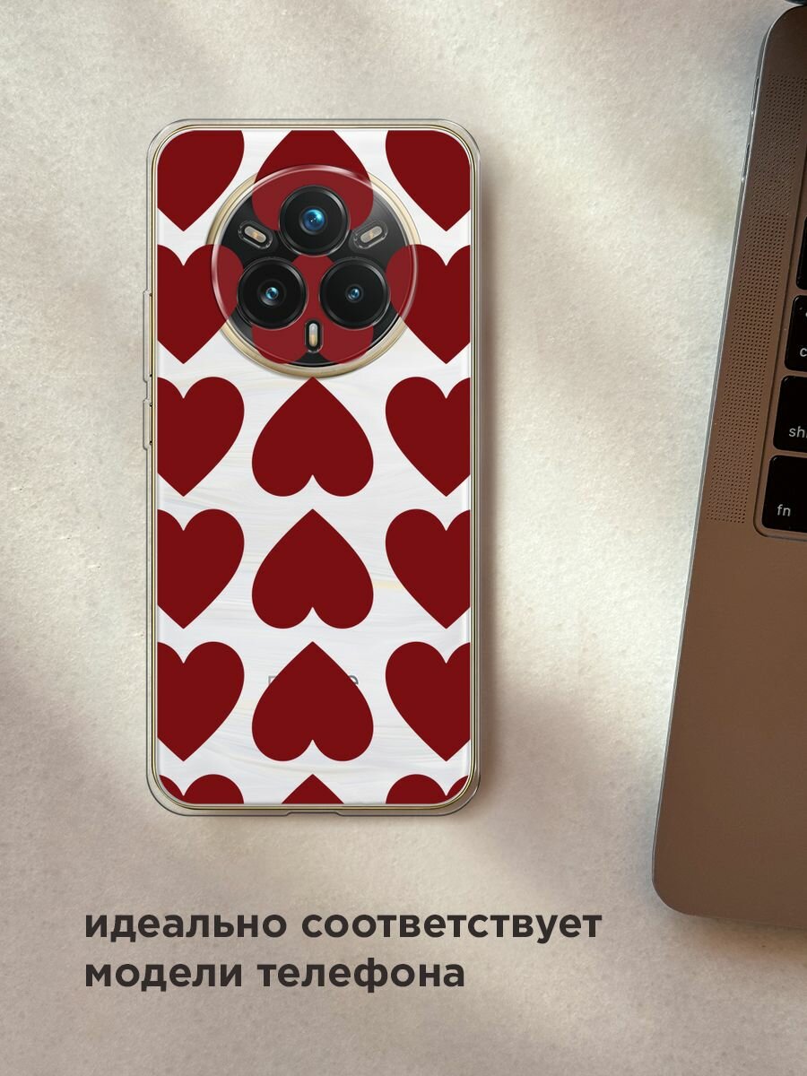 Чехол на Realme 14 Pro+ / Реалми 14 Про+ с принтом "Ряды сердечек паттерн - 14 февраля", прозрачный — фото 1