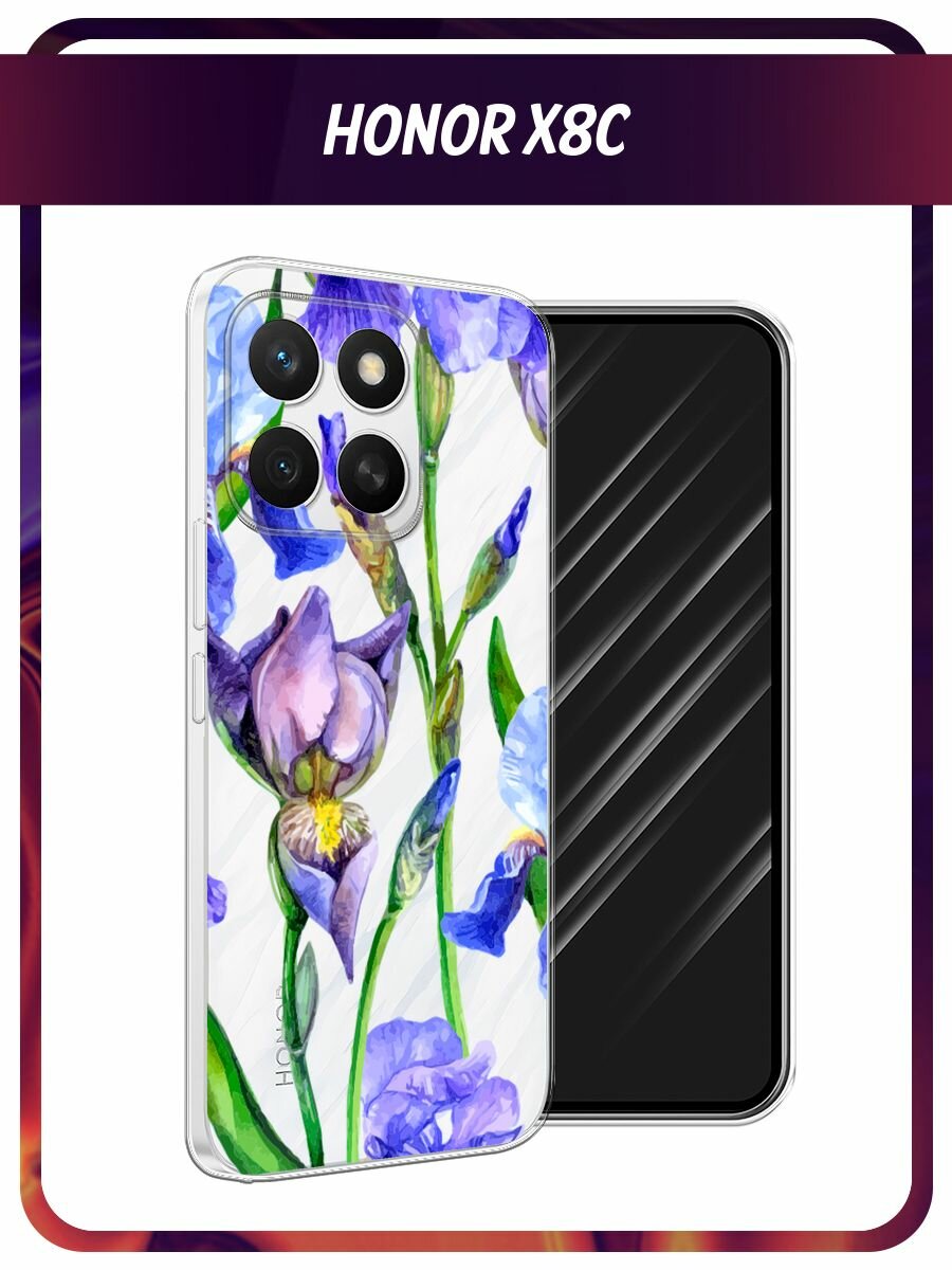 Чехол на Honor X8c / Хонор X8c с принтом "Синие ирисы", прозрачный