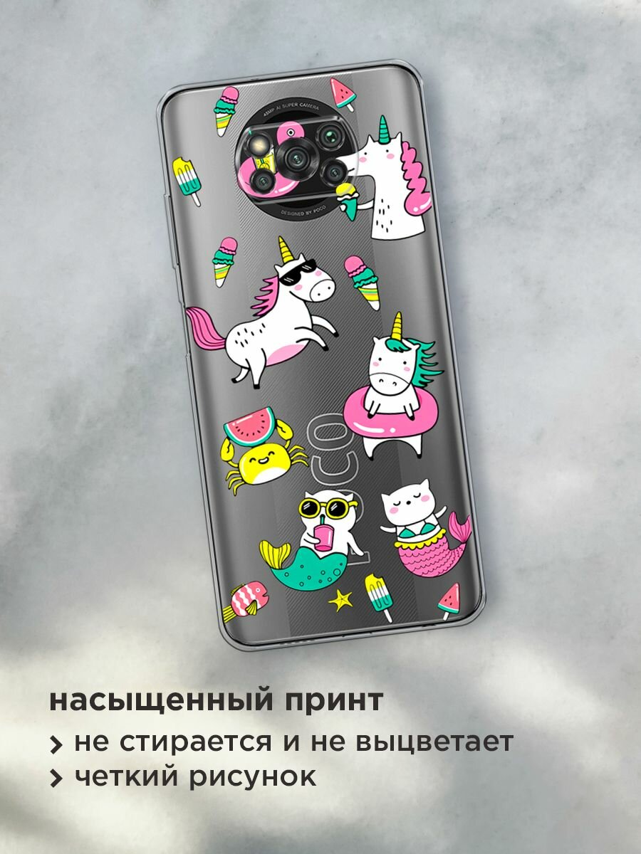 Чехол на Xiaomi Poco X3/X3 Pro / Поко X3/X3 Pro с принтом "Единороги в отпуске", прозрачный — фото 1