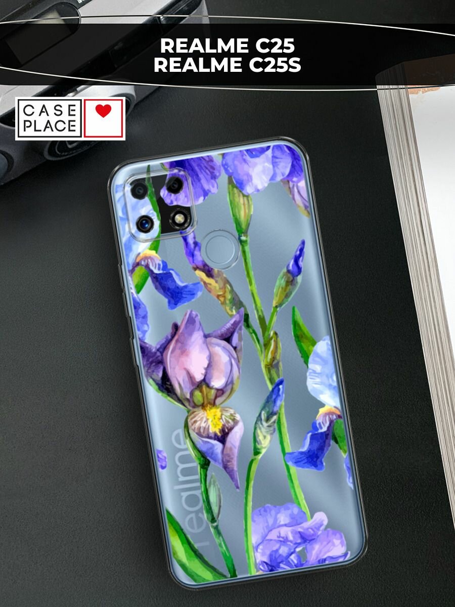 Чехол на Realme C25/C25s / Реалми С25/C25s с принтом "Синие ирисы", прозрачный