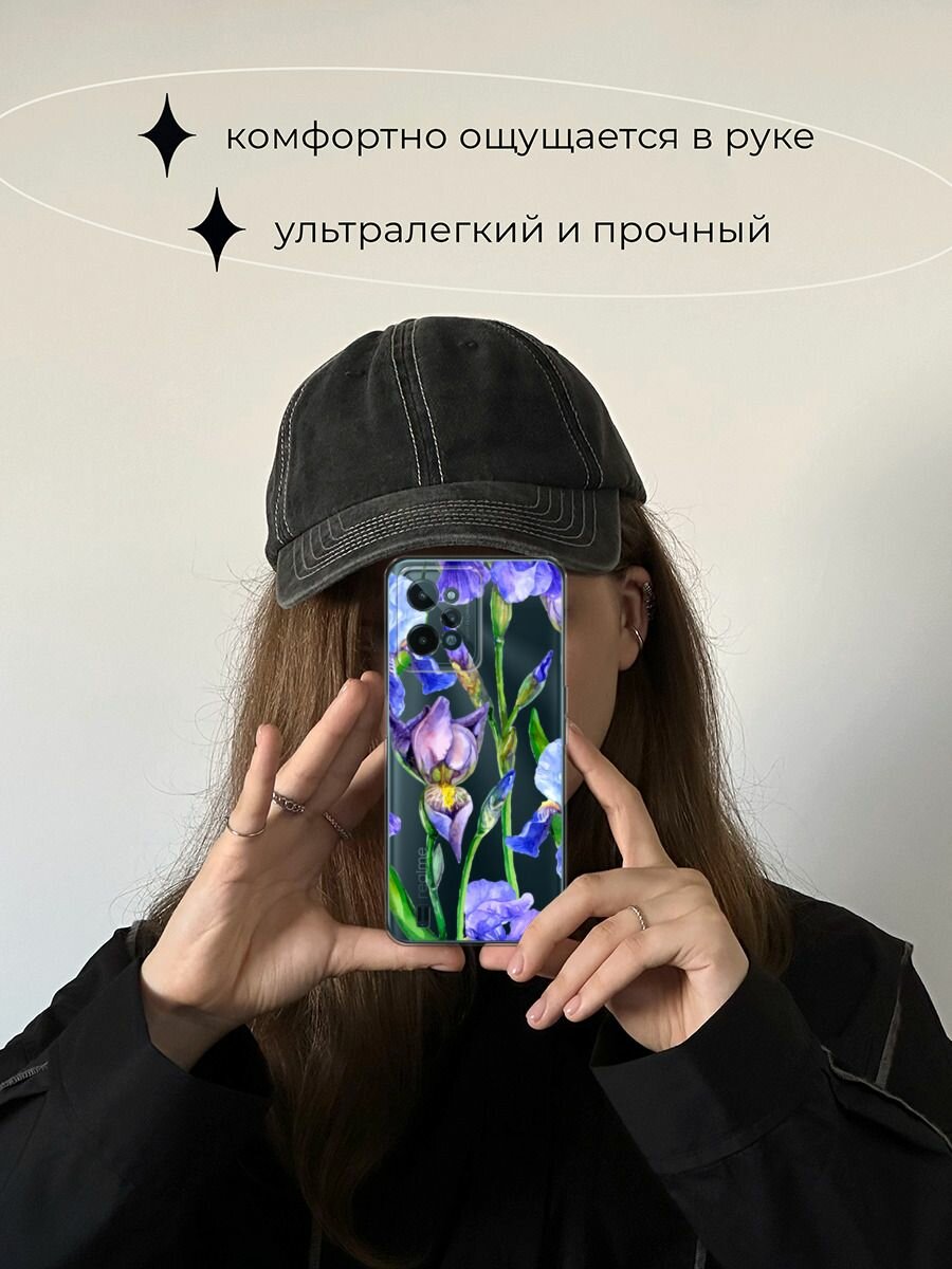Чехол на Realme C31 / Реалми C31 с принтом "Синие ирисы", прозрачный — фото 1