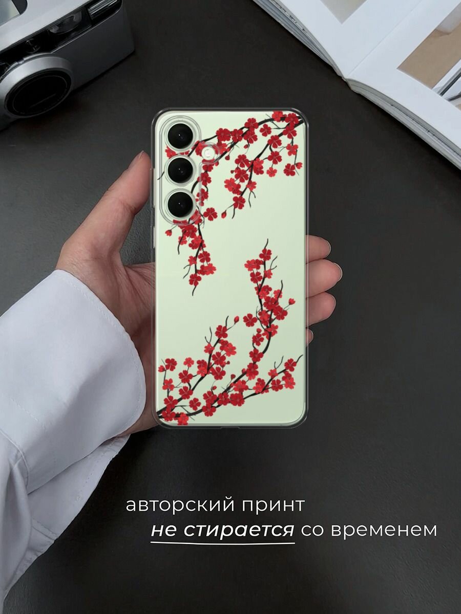Чехол на Samsung Galaxy S25 Plus / Самсунг S25 Плюс с принтом "Красная сакура", прозрачный — фото 1