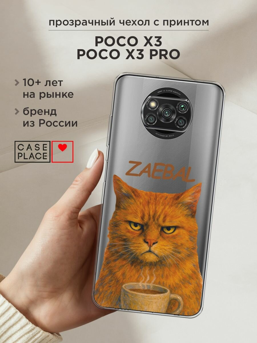 Чехол на Xiaomi Poco X3/X3 Pro / Поко X3/X3 Pro с принтом "Рыжий кот с надписью", прозрачный