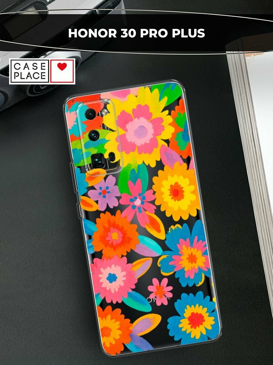 Чехол на Honor 30 Pro Plus / Хонор 30 Про Плюс с принтом "Абстрактные яркие цветы", прозрачный