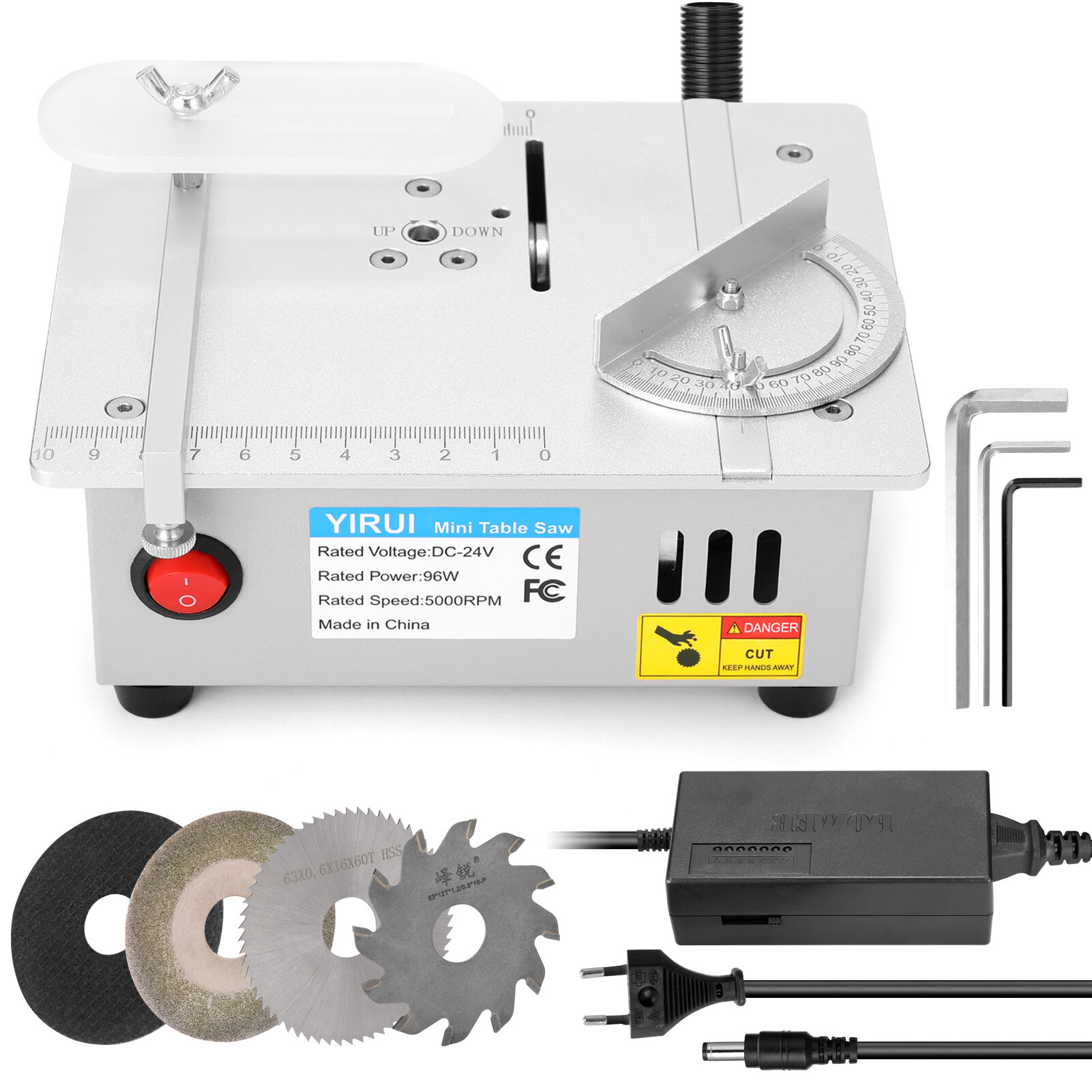 Мини Электрическая Столовая Пила Настольная Многофункциональная Маленькая Для Дома Инструмент Для Рубки Древообработки, 96W, DC24V 10A, 5000rpm, Пила Диаметр ≤63мм Толщина <1.5мм Отверстие 16мм, 3 Пилы, Высота Поднятия 14мм/12мм, Размер Стола