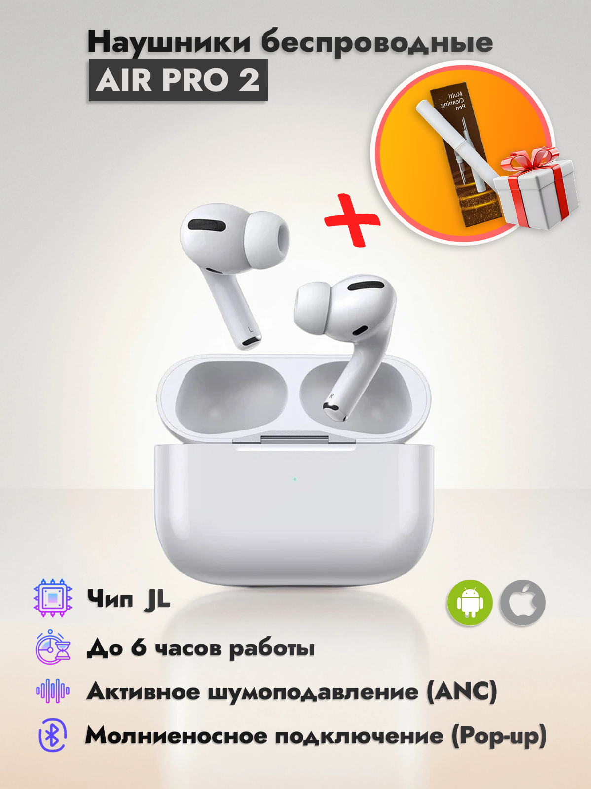 TWS наушники Air Pro 2 с шумоподавлением | Режим прозрачности | Зарядка Type-C | Для iPhone Android