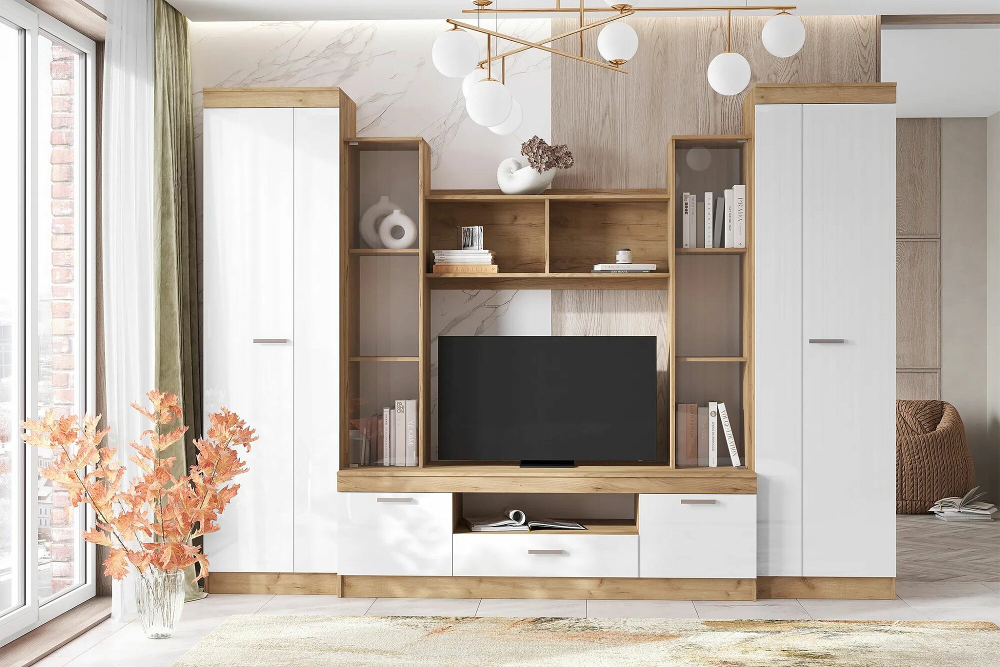 Гостиная Атлантида 6 (Белый Глянец, Дуб Крафт)