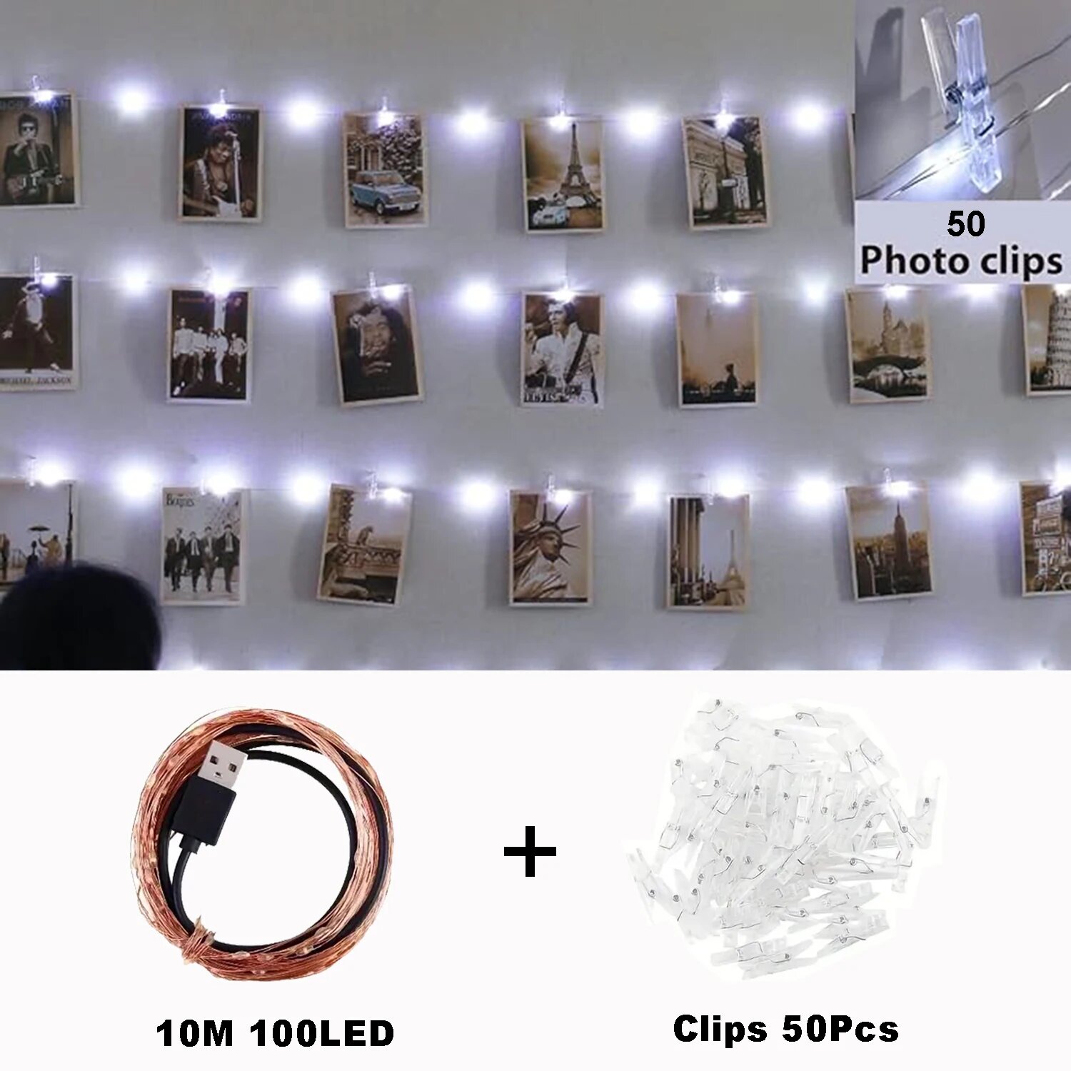 Светодиодная гирлянда с зажимами для фото, тёплый/белый свет, 2/5/10 м, 20/50/100 White 50LED 50Clip