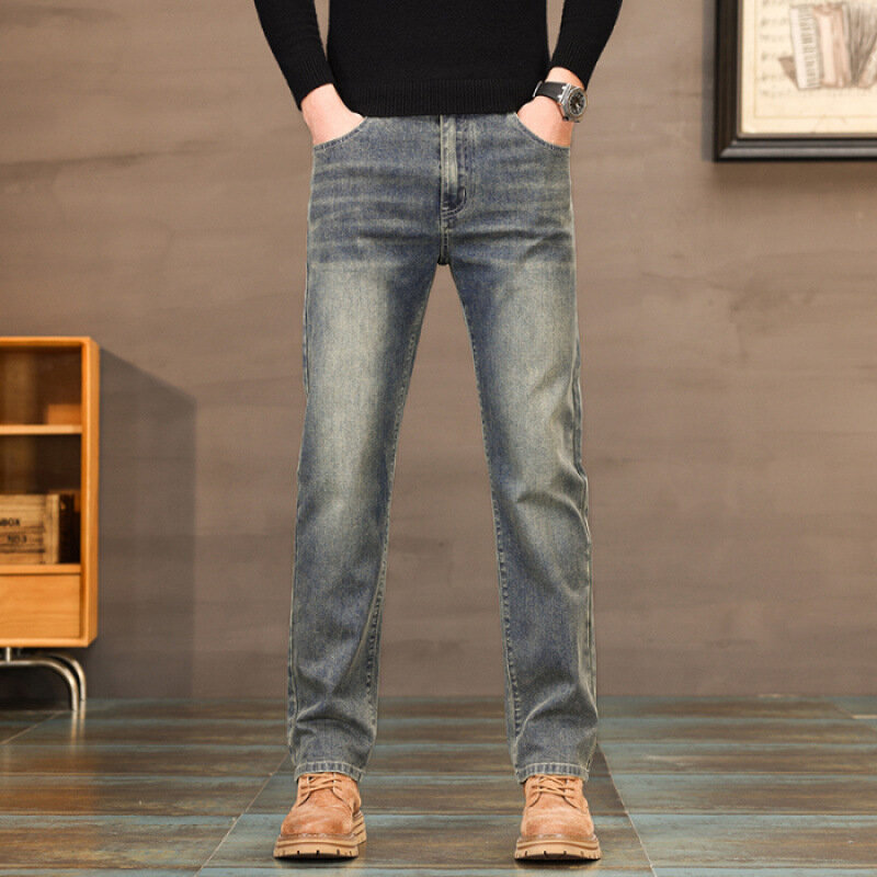 Охоты Брюки JYL Новые широкие эластичные универсальные стильные джинсы мужские прямые толстые