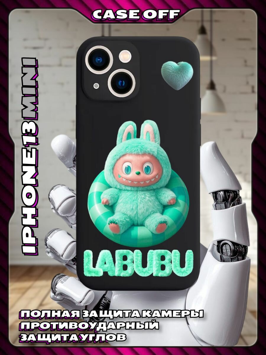 Чехол ZiART (Labubu 4 / Лабубу 4) на iPhone 13 mini силиконовый, с защитой камеры, черный