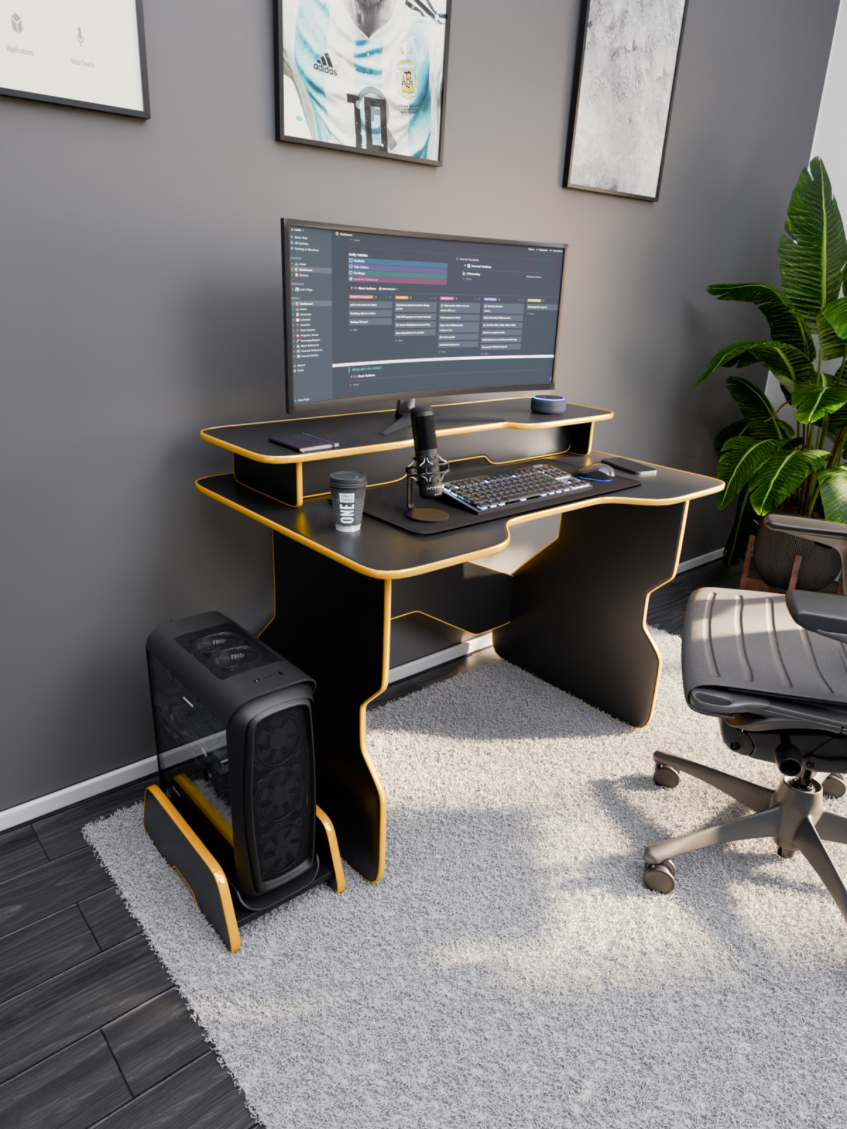 Игровой геймерский стол для компьютера черный с желтой окантовкой с полкой под монитор 106х73х75