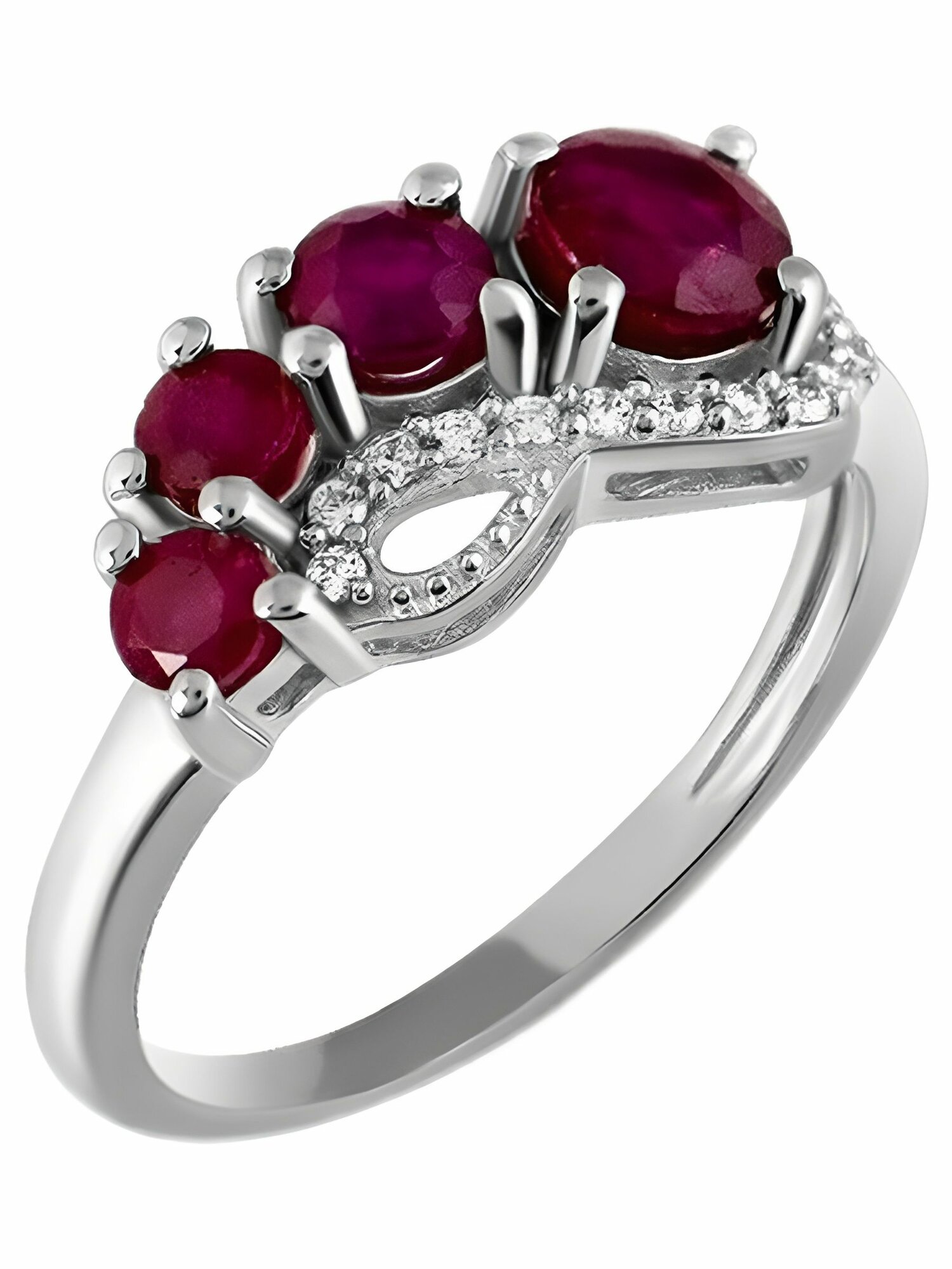 Кольцо тонкое, дорожка, серебро, 925 проба, родирование, фианит, рубин