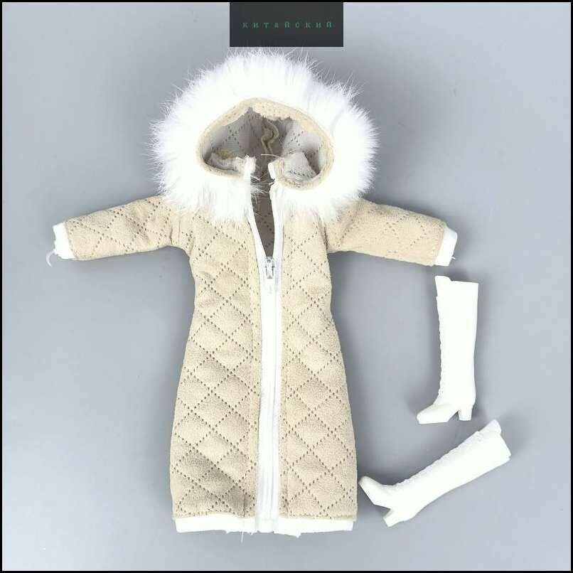 Светло-желтое зимнее теплое длинное пальто для куклы Барби