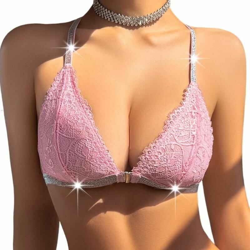Кружевной бюстгальтер-бралетт с передней застежкой, Розовый - L