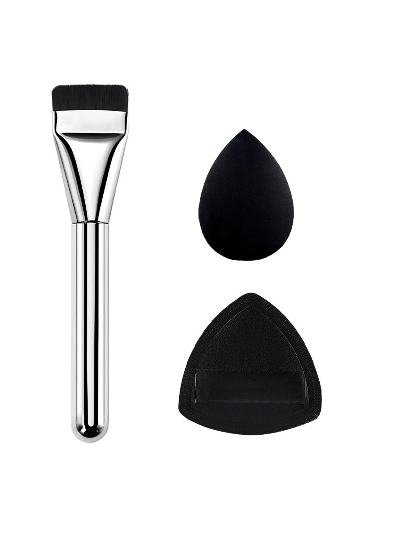 Набор Кистей Для Макияжа Из 3 Предметов - Серебряная Плоская Кисть Для Тонального Крема Косметический Блендер Кисть В Форме Я.