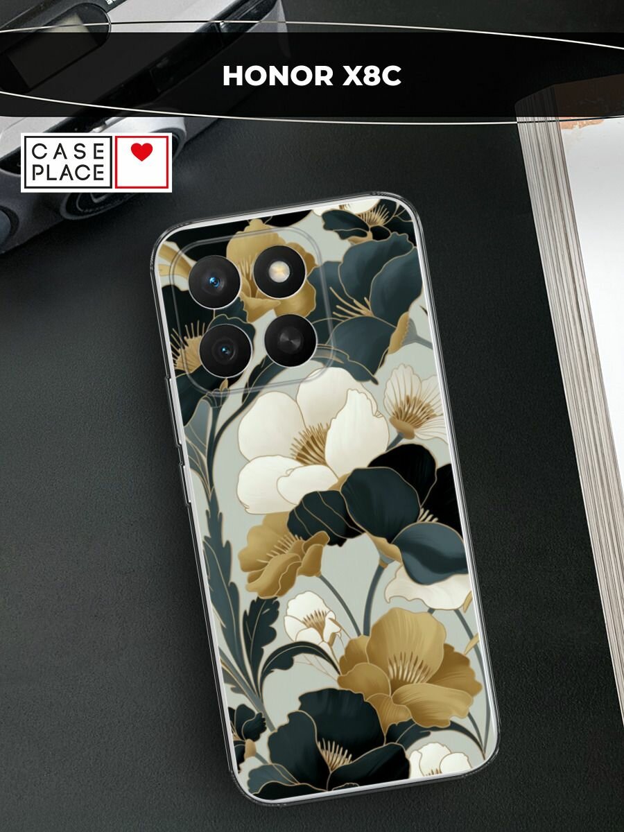 Чехол на Honor X8c / Хонор X8c с принтом Золотые и белые цветы