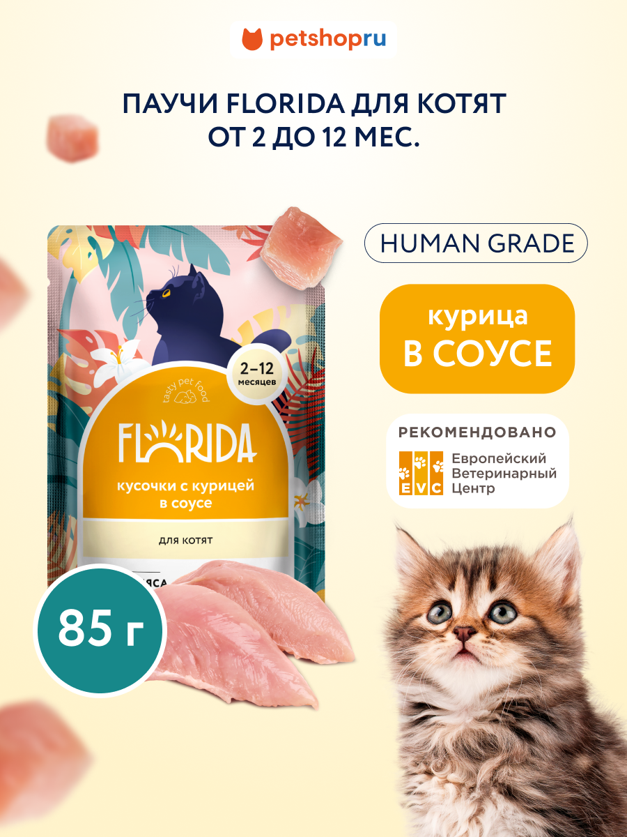 FLORIDA паучи полнорационные для котят: кусочки с курицей в соусе, 85 г Влажный корм