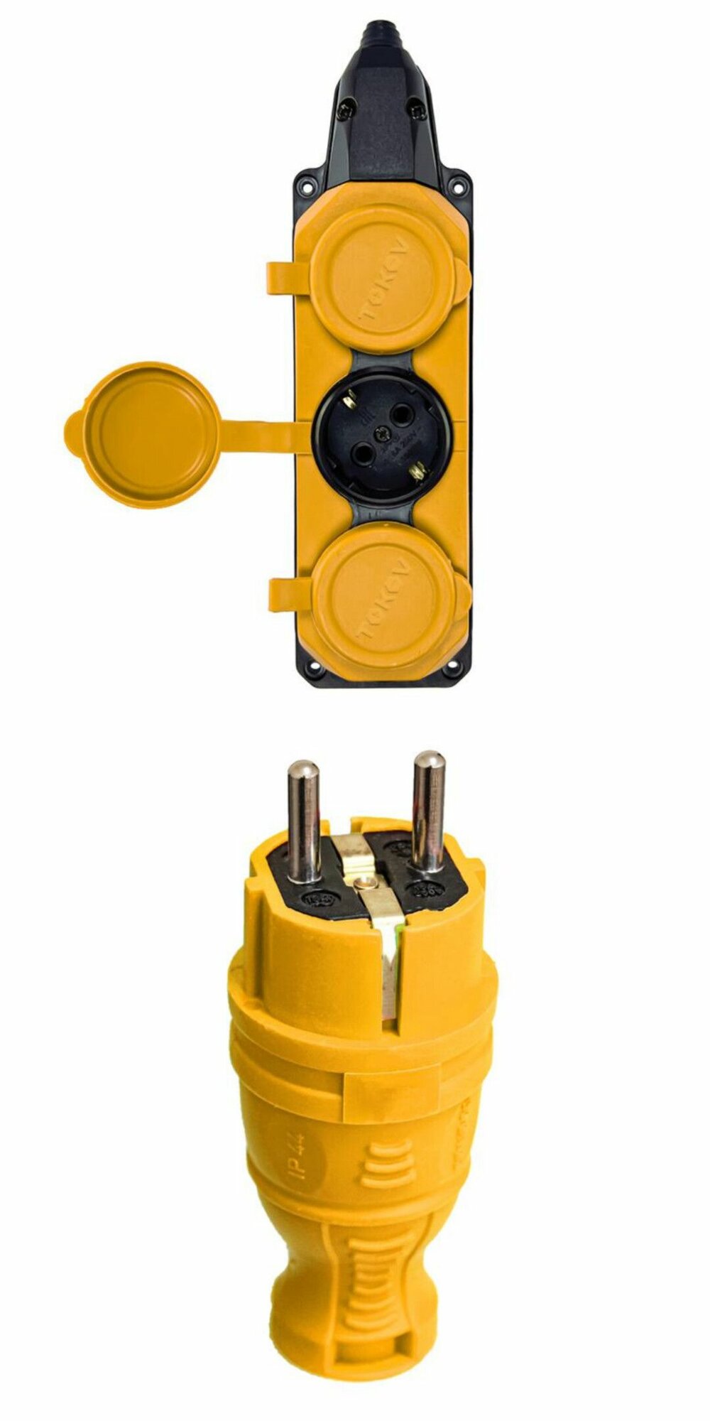 Комплект Колодка 3-м с крышкой+Вилка прямая 16А IP44 с заземлением каучуковая, цвет жёлтый