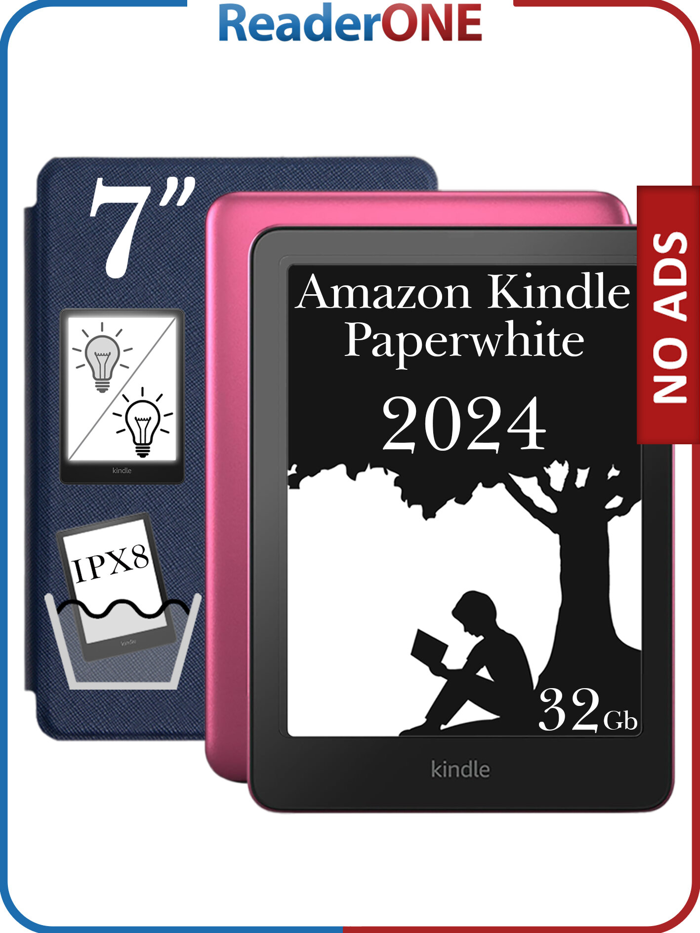 Электронная книга Amazon Kindle PaperWhite 12 2024 32Gb SE Metallic Raspberry с обложкой ReaderONE Blue