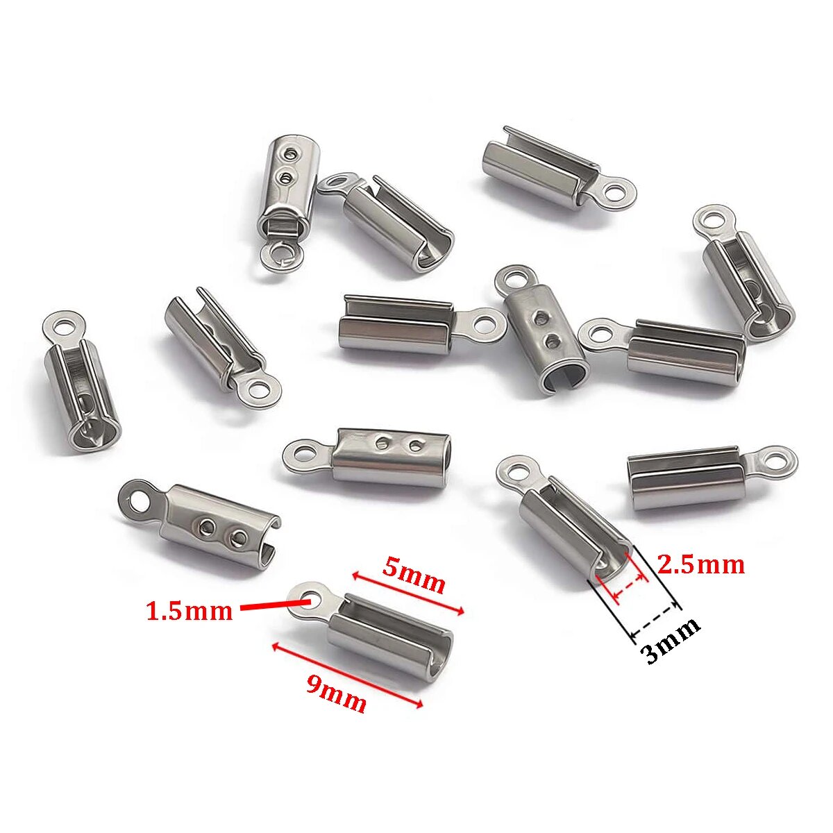 50 шт, обжимные бусины из нержавеющей стали, колпачки из кожаной веревки, зажим для шнура, складные обжимные бусины, разъемы для браслета для изготовления ювелирных изделий своими руками