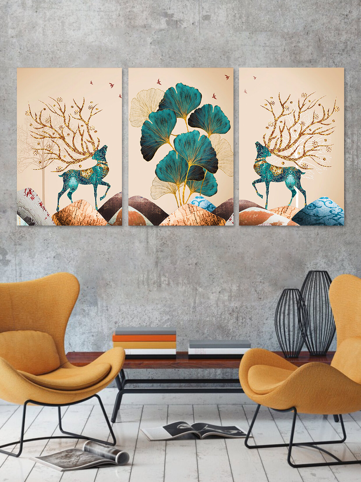 Модульная картина для интерьера на стену минимализм. Гинкго билоба и изумрудные олени 50х75 см - 3 штуки на холсте на подрамнике