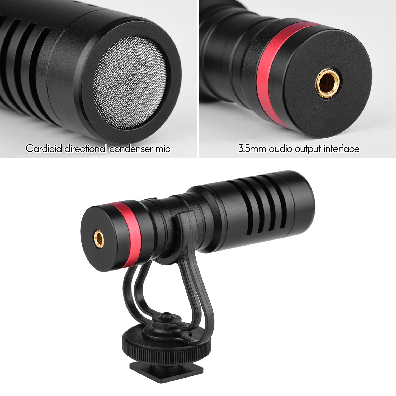 Кардиоидный направленный конденсаторный микрофон с противоударным креплением, аудиовыходы TRS и TRRS 3,5 мм, губчатое ветрозащитное покрытие, меховое ветрозащитное покрытие для смартфонов C
