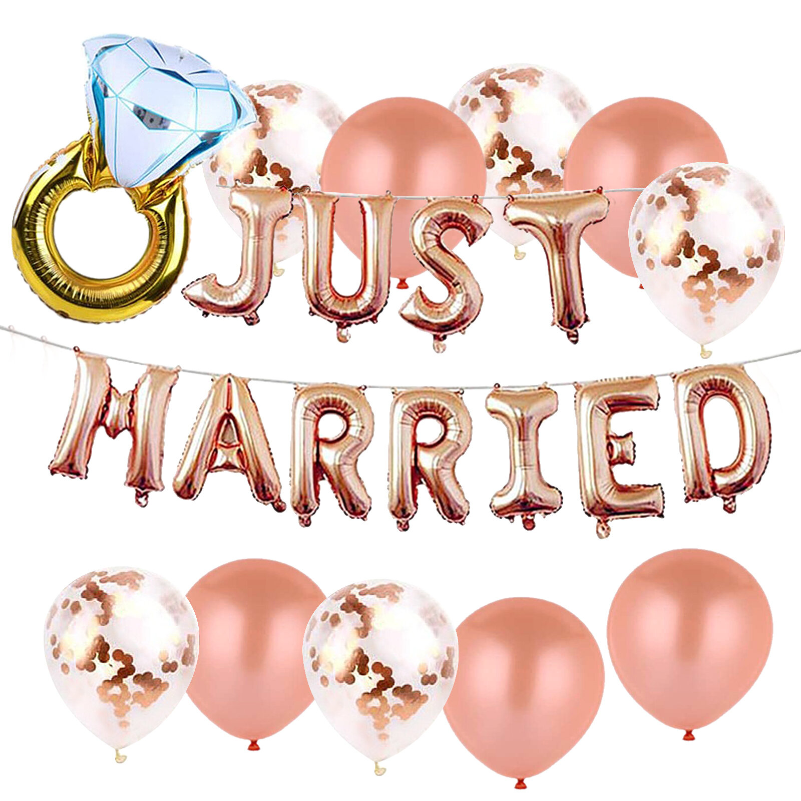 24PCS Набор Декораций для Свадьбы "Just Married" для Провозглашения Свадьбы и вечеринок, Снаряжение для Декораций, Блестящие Кольца, Розовые Шары, Розовый и Золотой, Алюминиевая Фольга, 20*25*3cm, 136g