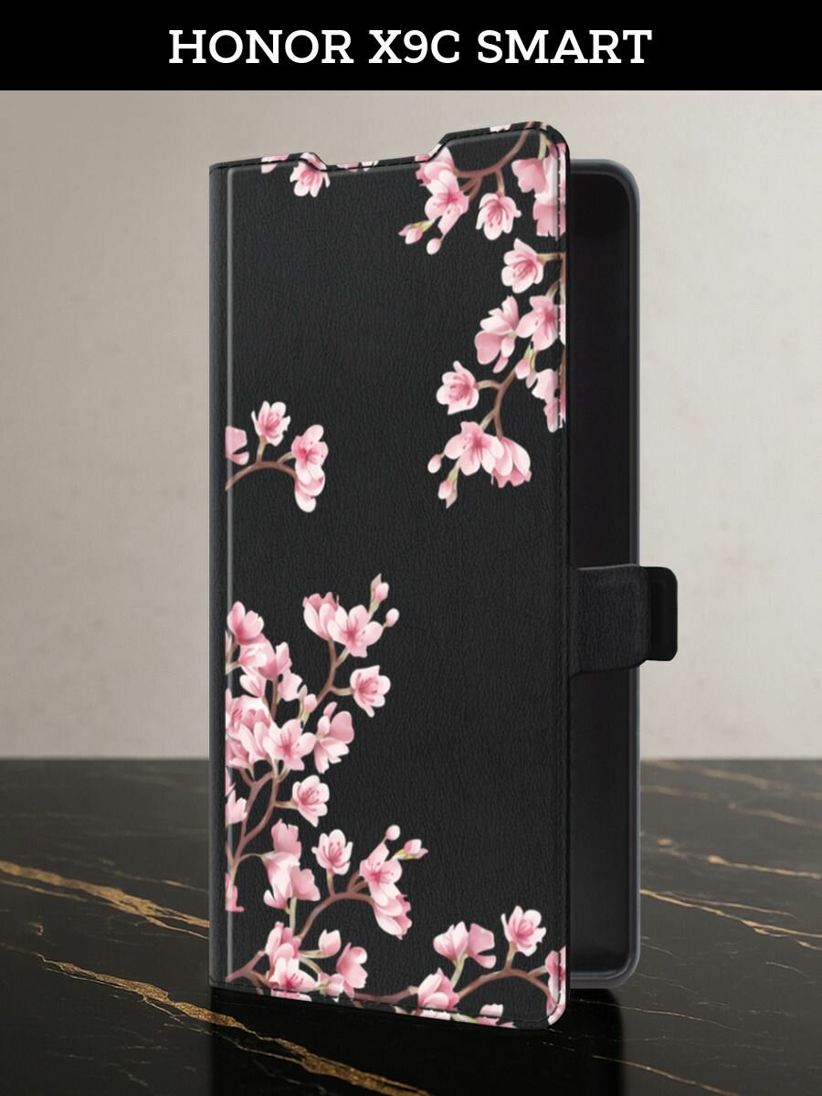 Чехол-книжка на Honor X9C Smart (Хонор Х9С Смарт) с картой и принтом "Весенняя сакура"