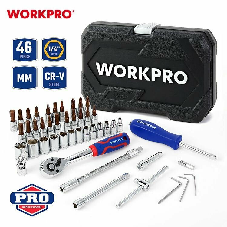 Набор головок 1/4" и инструмента - 46 пр в кейсе WORKPRO