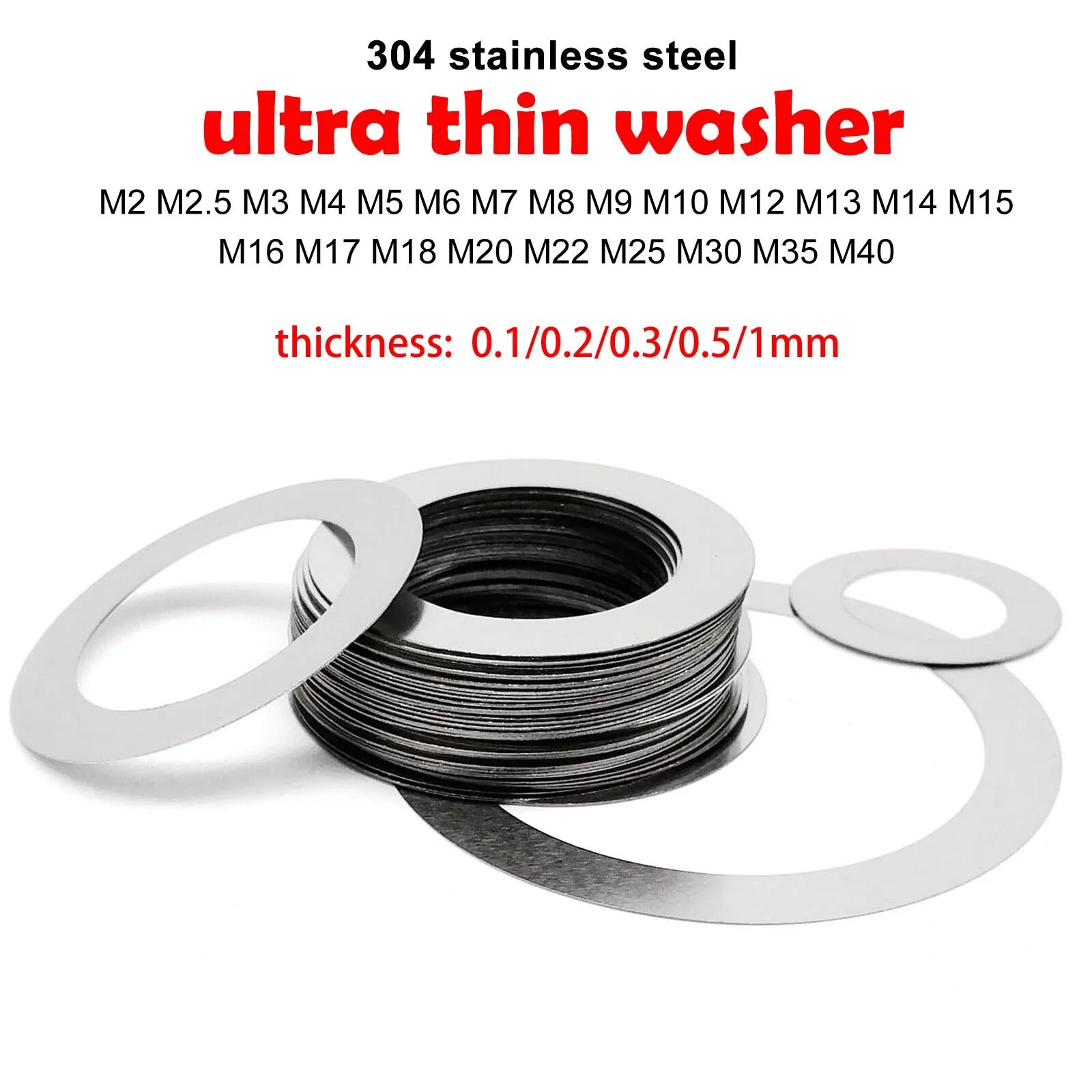 Ультратонкие плоские шайбы HZYUEGOU из нержавеющей стали 304 thick 0.1mm, 10pcs M14x18xThick