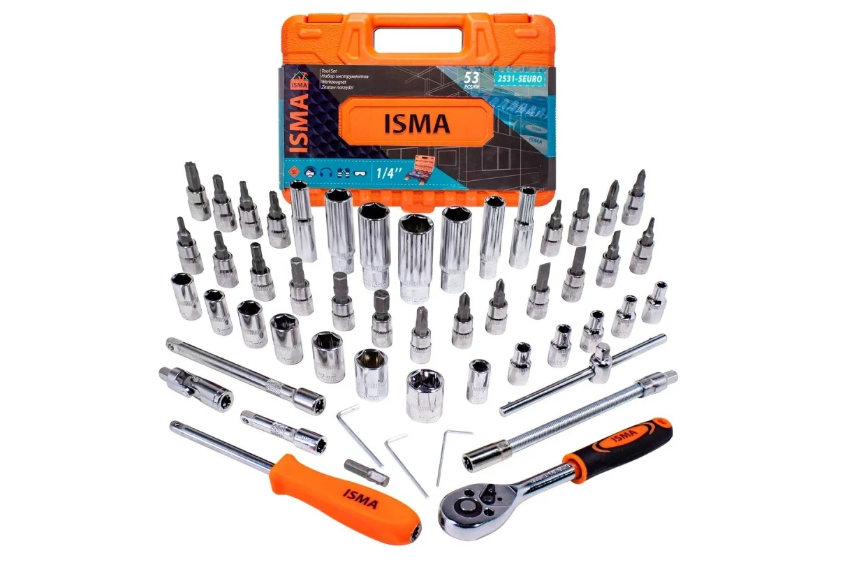 Набор инструмента ISMA 53 предмета, 1/4', 6-гранные, 4 - 14 мм, головки глубокие 6 - 14 мм