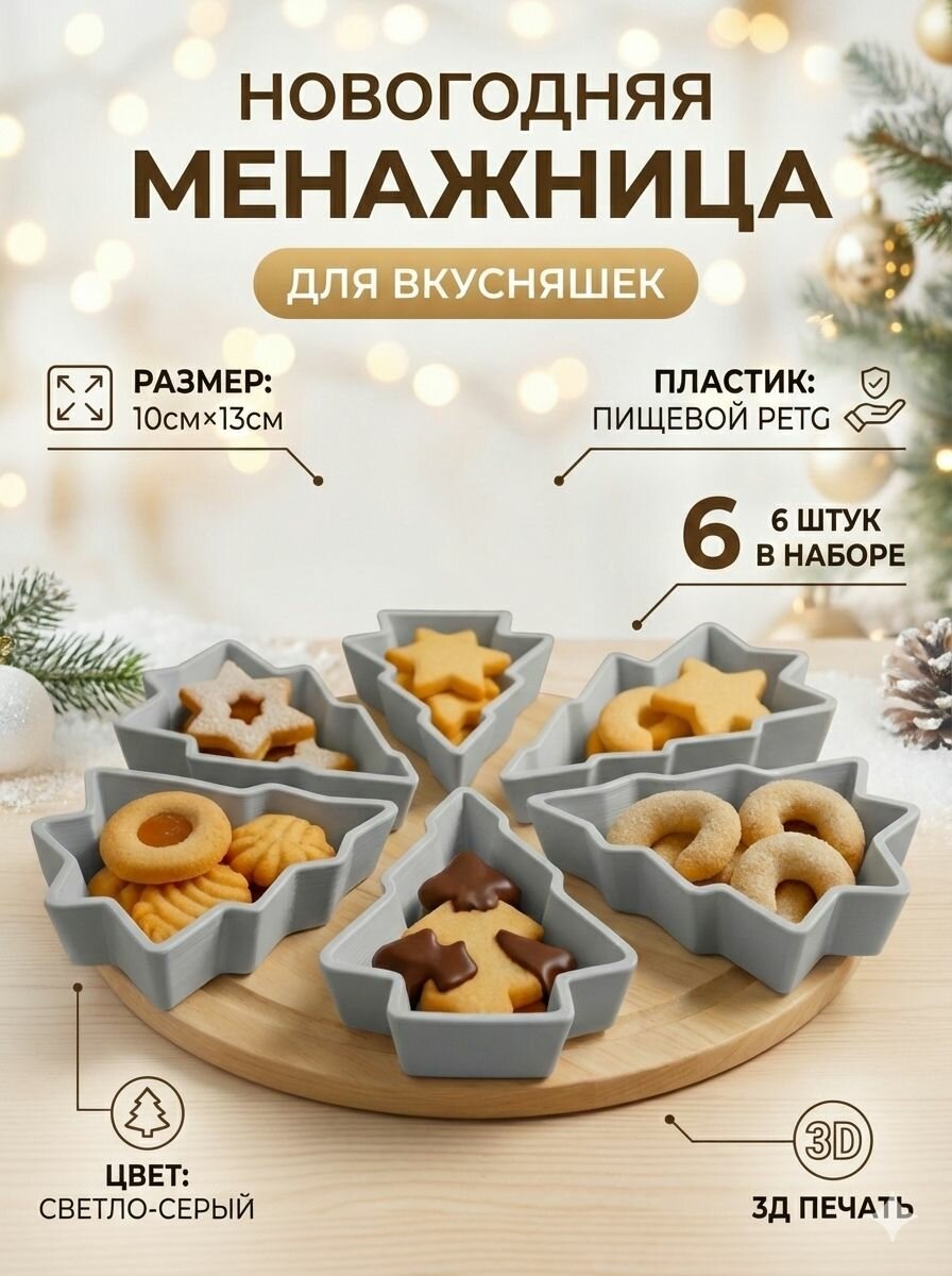 Новогодняя менажница Елочки набор 6 шт. Секционная тарелка для закусок и сервировки (бежевый, 3D печать)