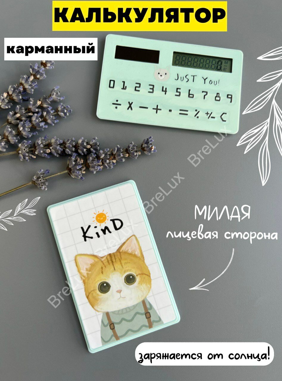 Калькулятор котик маленький карманный для школы и офиса на солнечной батареи