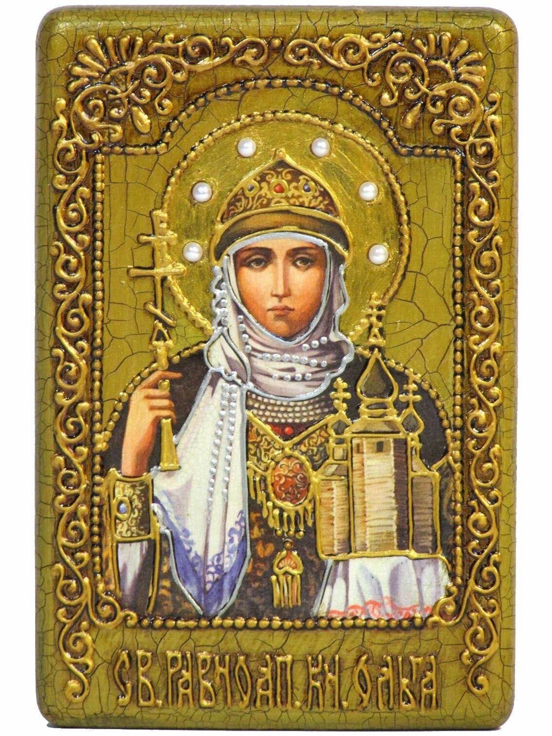 Настольная икона Святая Равноапостольная княгиня Ольга на доске из черного дуба 10х15 см