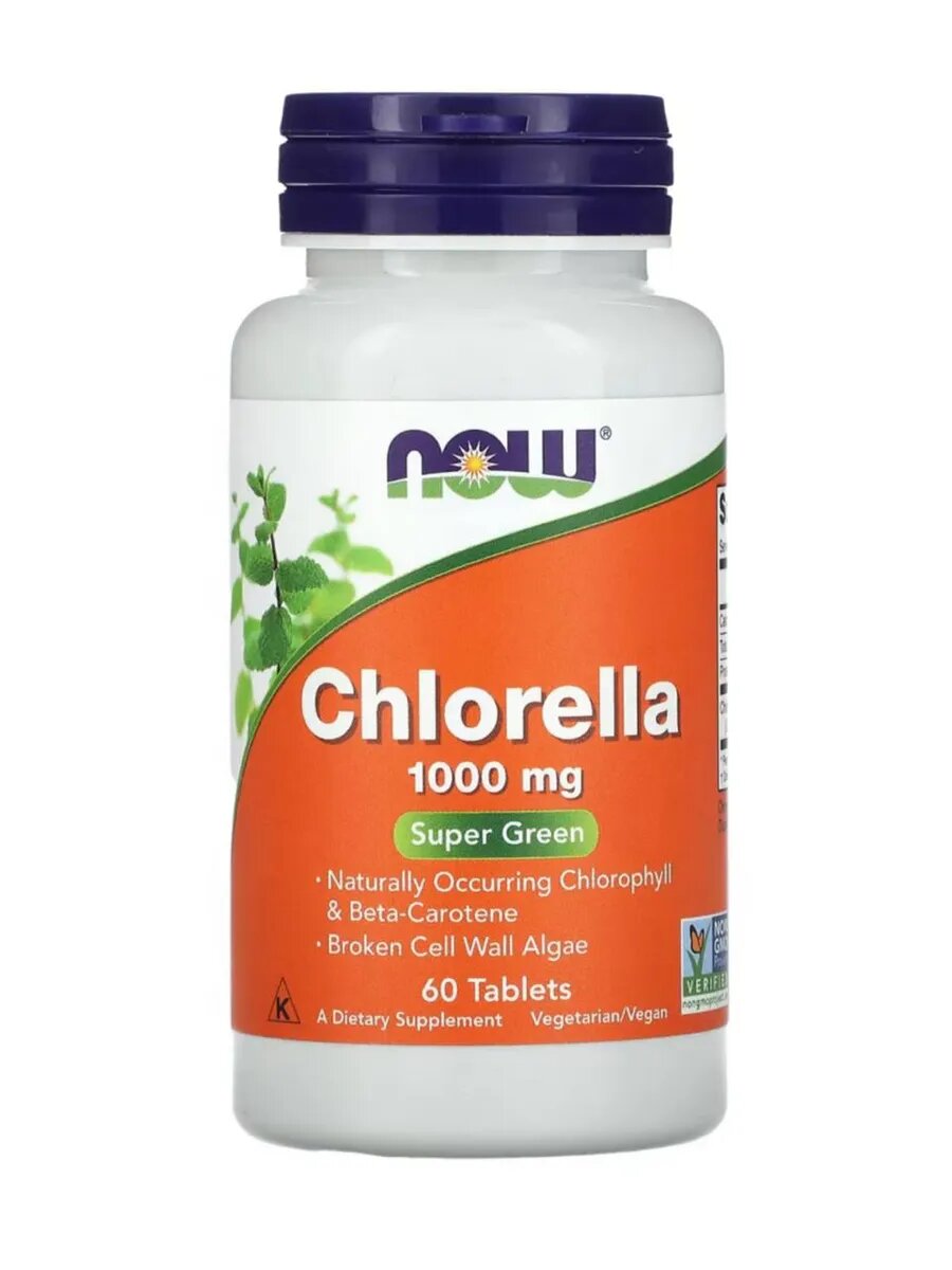 Хлорелла 1000 мг 60 таблеток, NOW Chlorella, Поддерживает детоксикацию организма, иммунитет и общее оздоровление