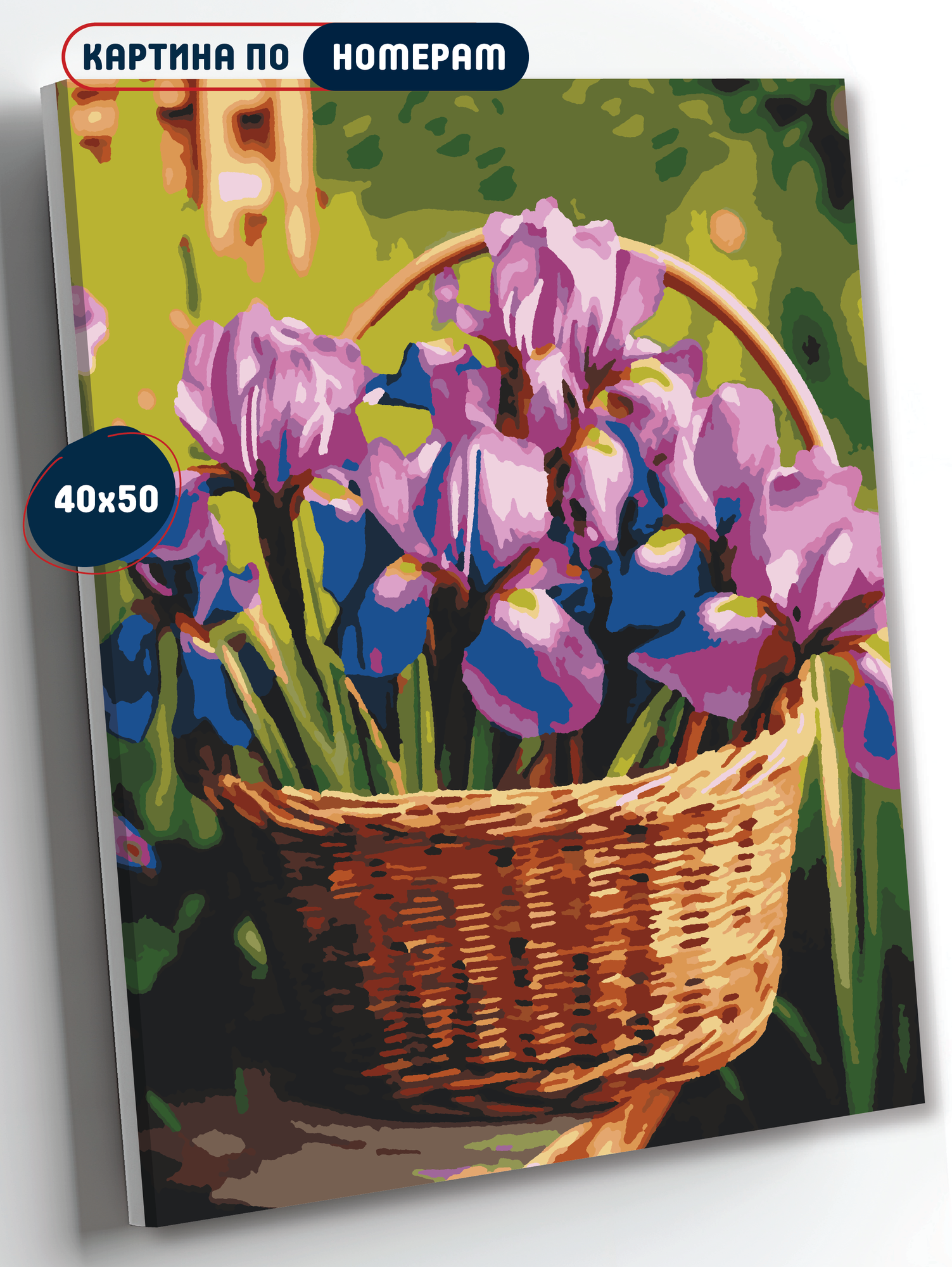 Картина по номерам "Ирисы в корзинке", Холст на подрамнике 40х50, набор для рисования, с цветами