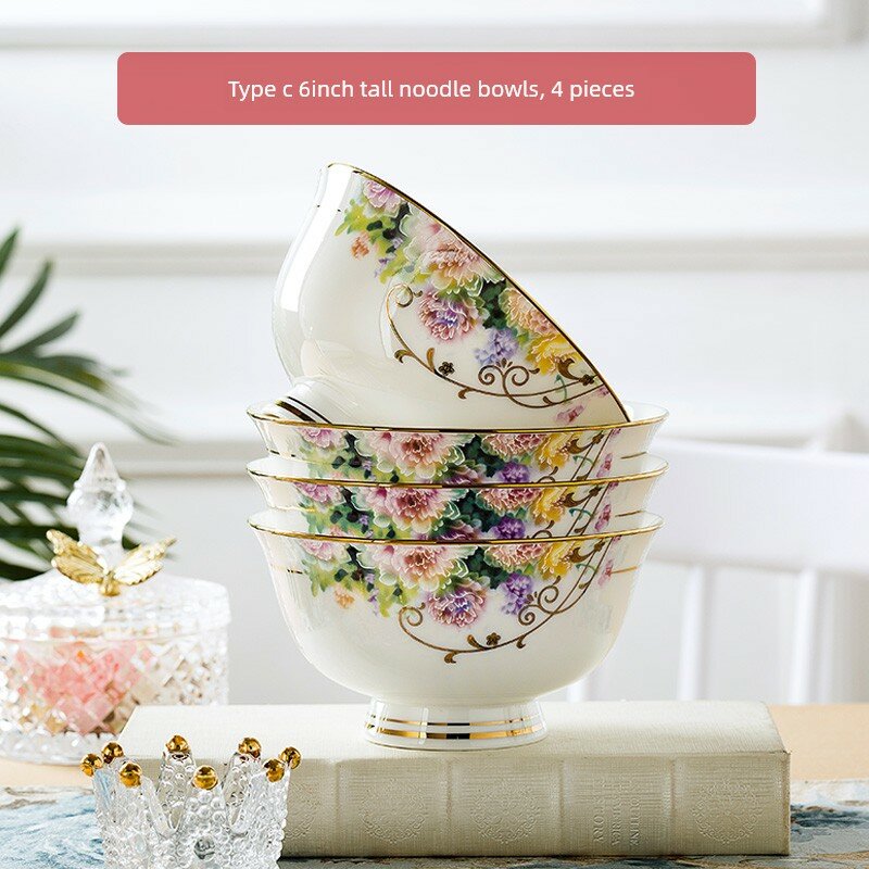 Премиум керамическая суповая тарелка Jingdezhen с золотой каймой и ножкой, 6 дюймов, C-стиль, 4 шт.