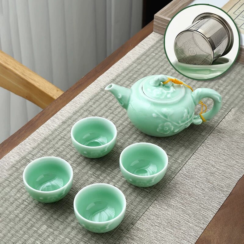 Керамический чайник с цветком сливы и нержавеющей стальной фильтрующей вставкой, один чайник и четыре чашки, набор 300