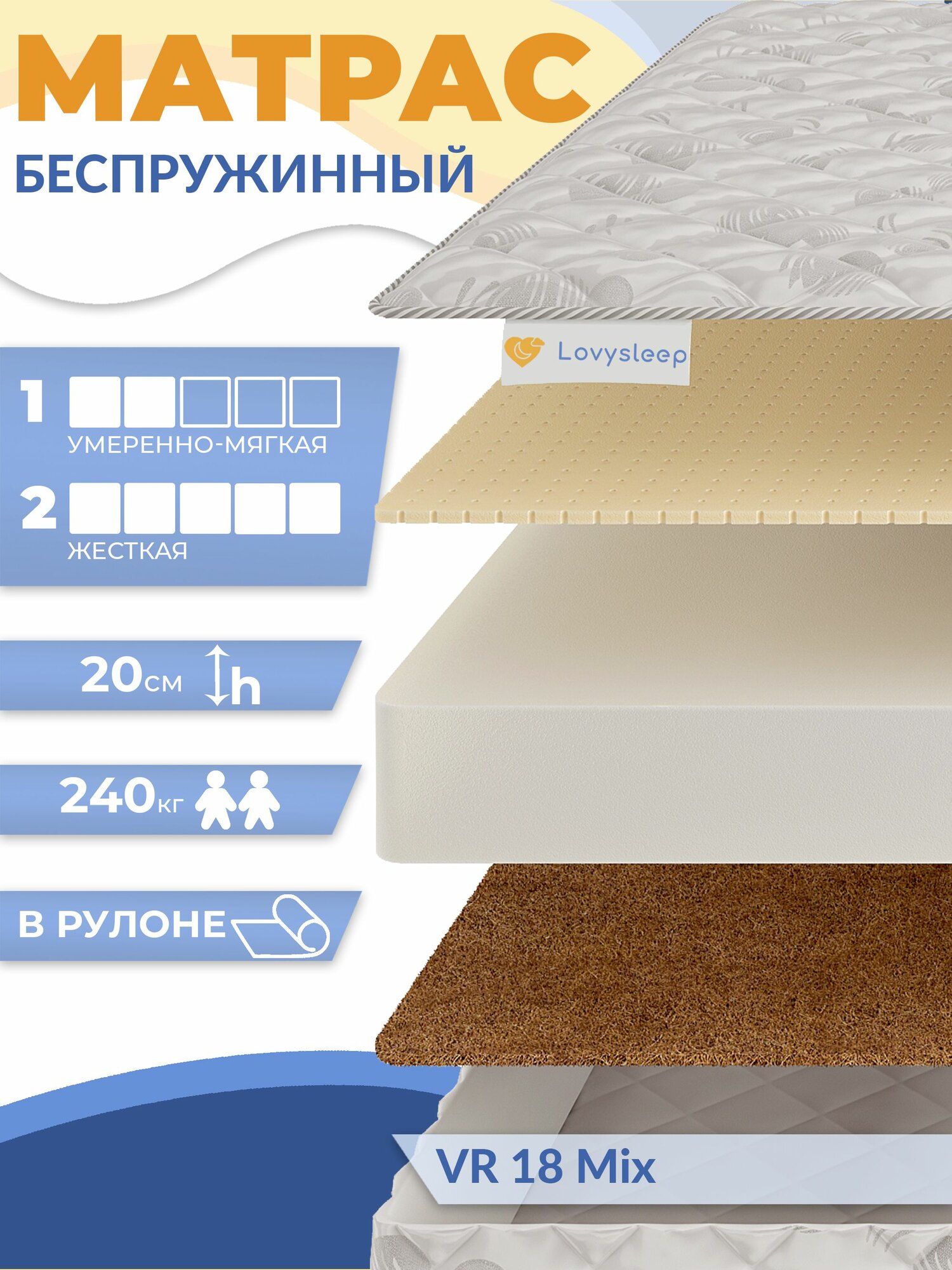 Матрас VR 18 Mix 85х180 см, беспружинный, 20 см, односпальный, двусторонний с разной жесткостью, в рулоне