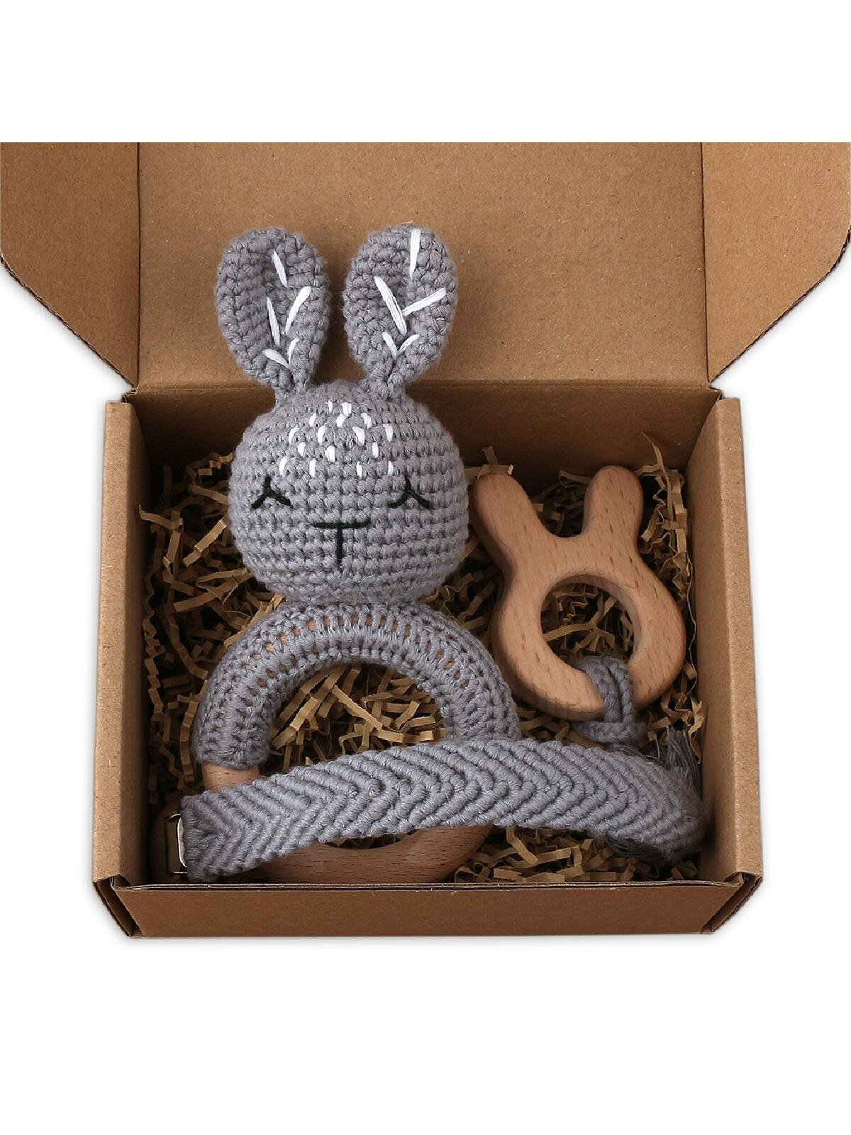 3Pcs Crochet Animals Baby Rattle Toys Comfort Toys Braided Pacifier Chain Set