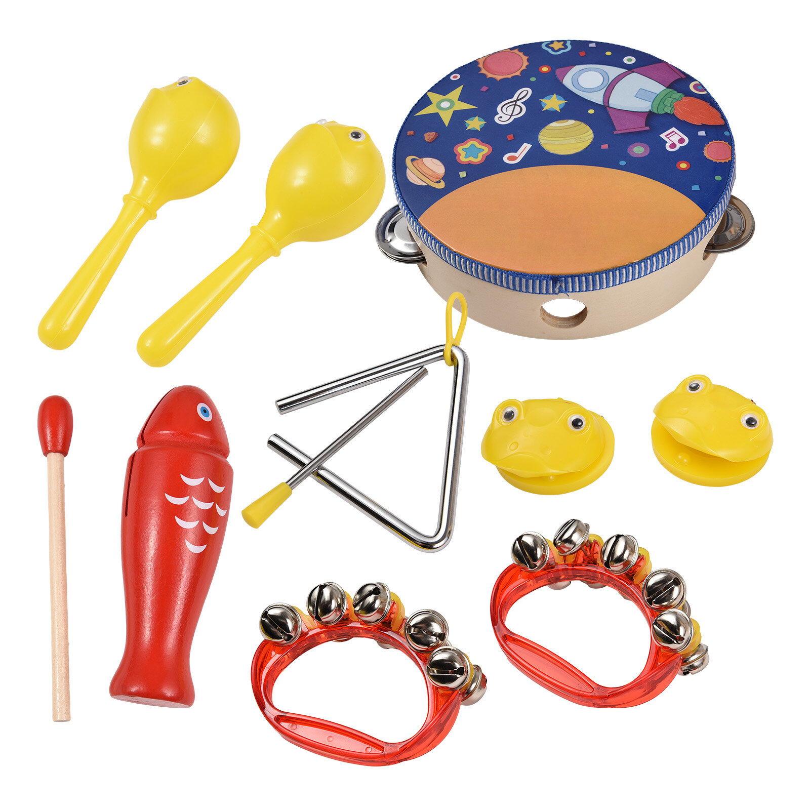 Набор деревянных ударных музыкальных инструментов 10 штук: барабан с колокольчиком 6 дюймов, звонок для рук, песчаник, треугольник 4 дюймов, деревянная рыба, рюкзак для хранения, интерактивные игры, развитие координации рук и глаз, подарок на день